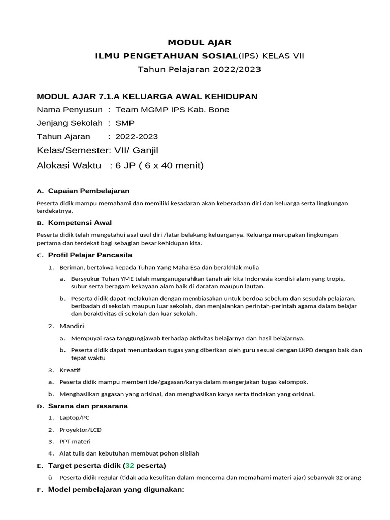 MODUL AJAR TP Dan ATP IPS KELAS 7 TEMA 01 | PDF