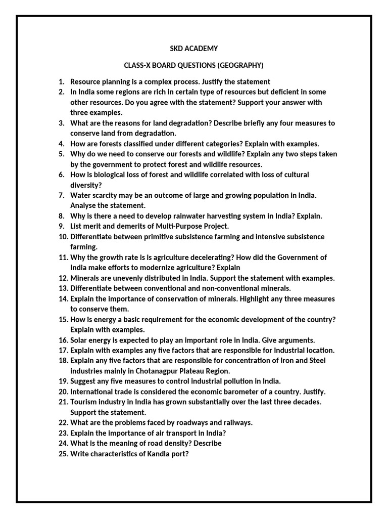 Class X Geography Board Questions | PDF