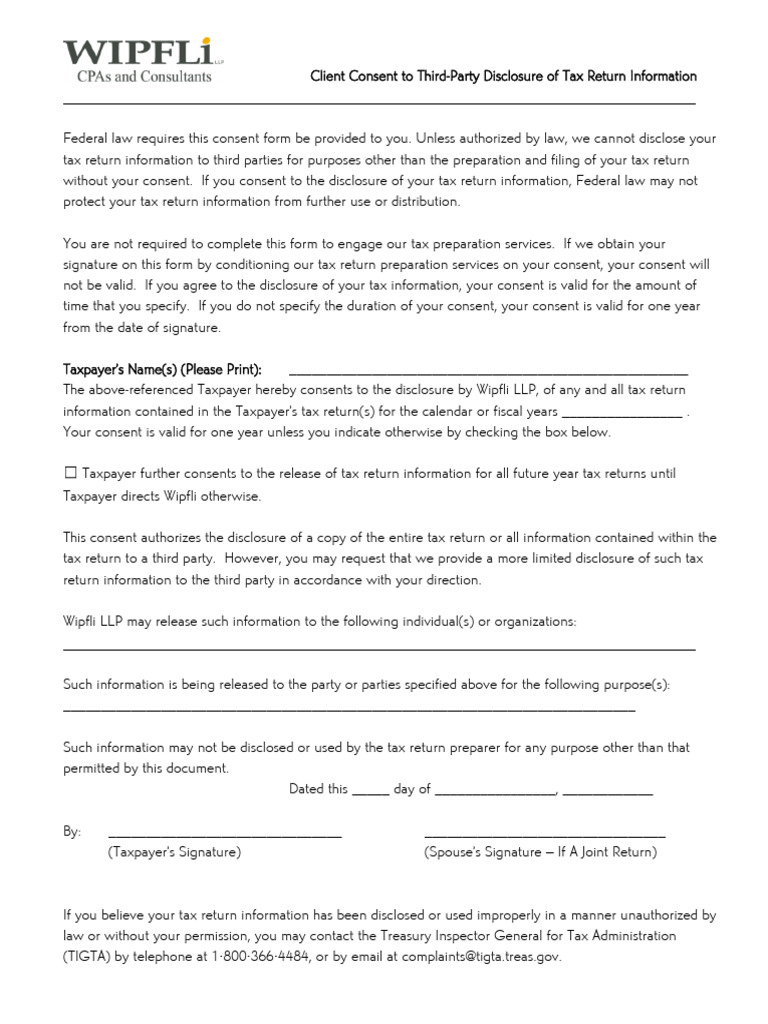 Client Consent To Third Party Disclosure of Tax Return Information ...