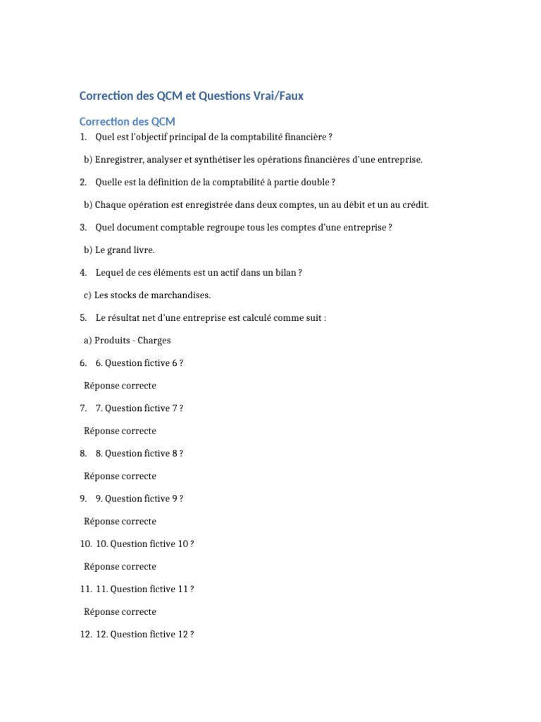 Correction QCM Vrai Faux Comptabilite | PDF | Comptabilité analytique ...