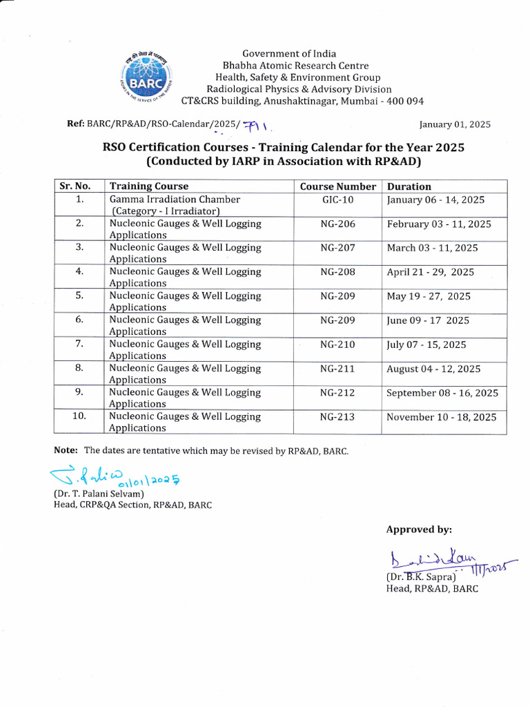 RSO NG IARP Training-Calender 2025 | PDF | Radioactivity | Physical ...