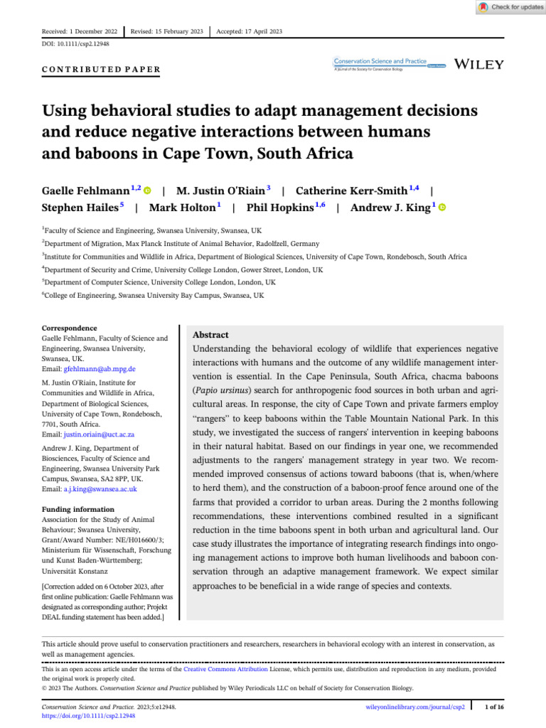 Managing Human-Baboon Conflicts in Cape Town | PDF | Foraging | Spatial ...
