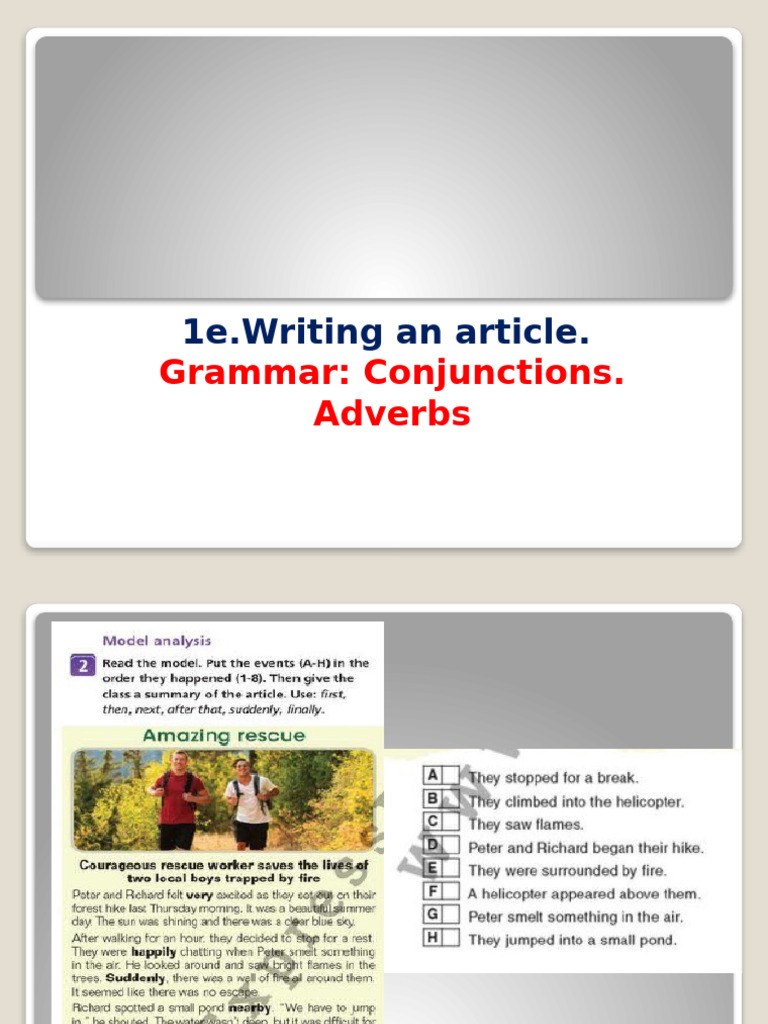 1e.Writing an article. Grammar Conjunctions.Adverbs | PDF