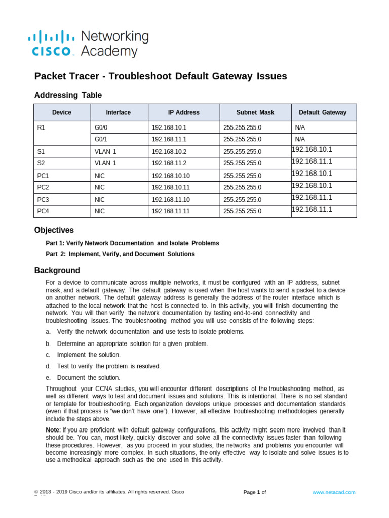 Answer 09 (CCNA 10.3.5) Packet Tracer Troubleshoot Default Gateway Issues | PDF | Computer ...