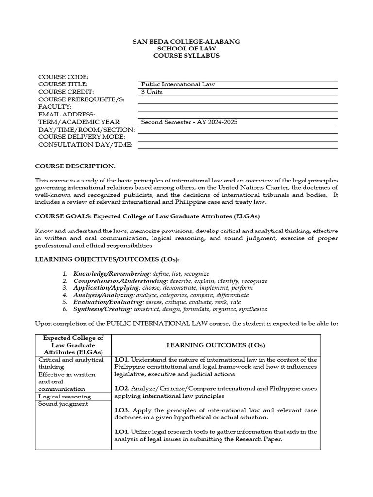 SBCA PIL Syllabus AY 2024 2025 | PDF | Territorial Waters | International Law