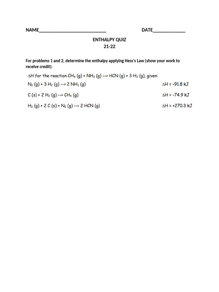 Enthalpy Quiz 21-22 | PDF