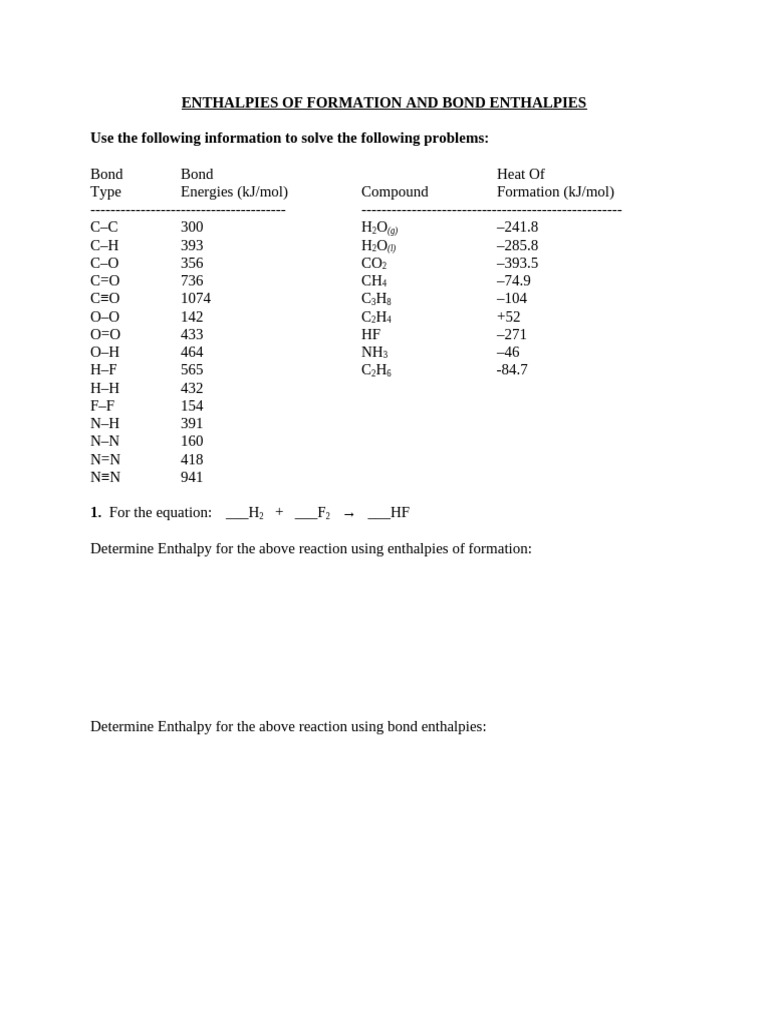 Enthalpies of Formation and Bond Enthalpies | PDF