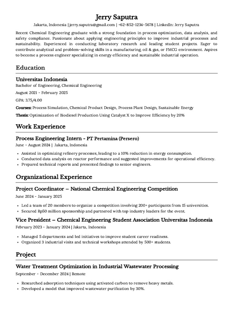 Contoh CV Fresh Graduates | PDF | Chemical Engineering | Engineering