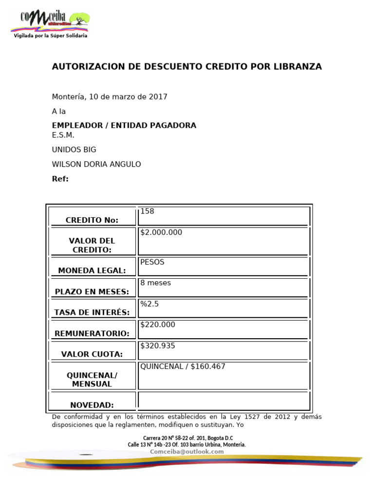 Autorizacion de Descuento Credito Por Libranza | PDF | Pensión | Crédito