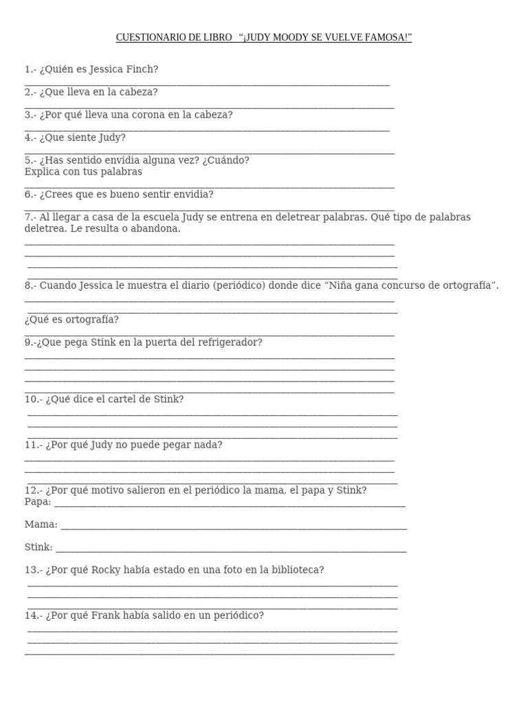 CUESTIONARIO DE LIBRO - Judy Moody Se Vuelve Famosa | PDF