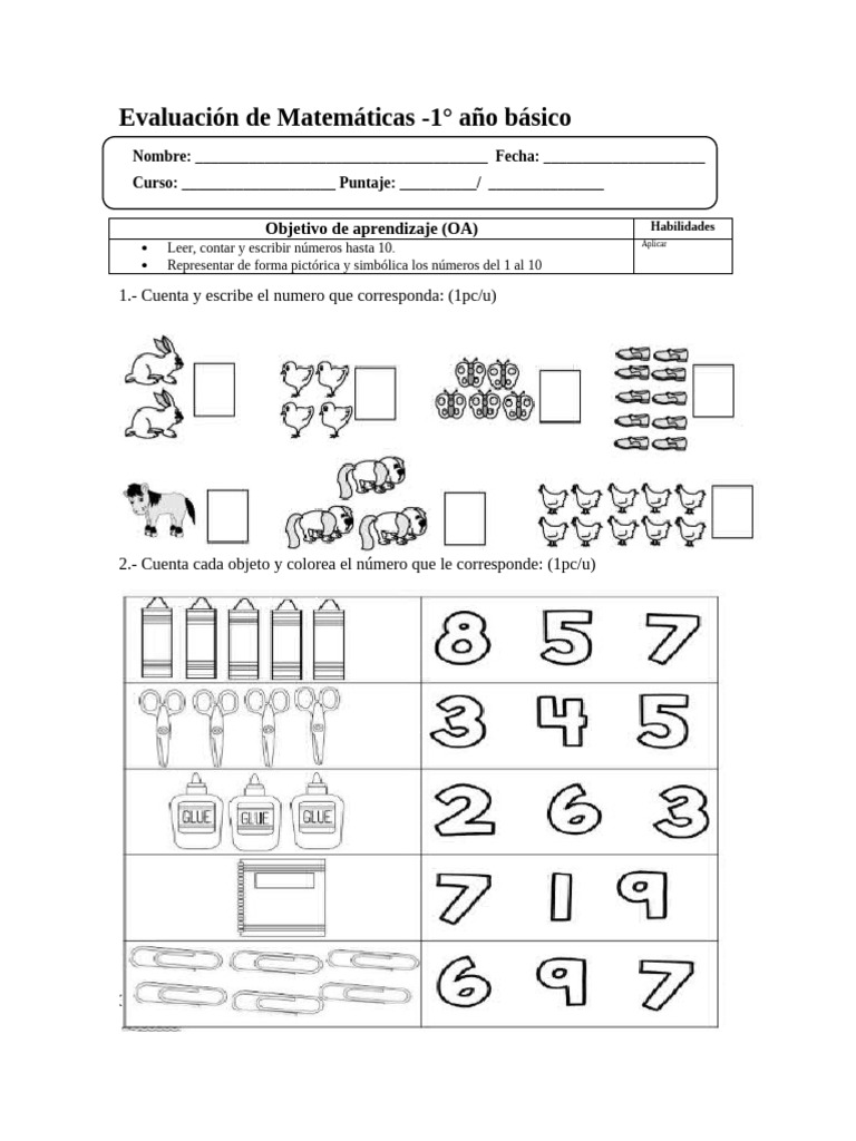 Prueba Conteo y Representacion de Nuemeros | PDF