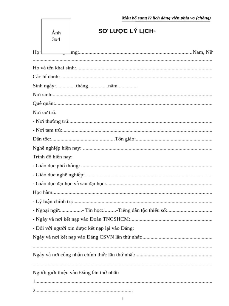 Mau Bo Sung Ly Lich Dang Vien Phia Vo Chong | PDF