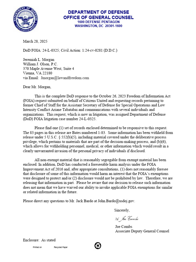 CU v. Defense Dept. FOIA Production #1 (Iranian Influence in Biden ...