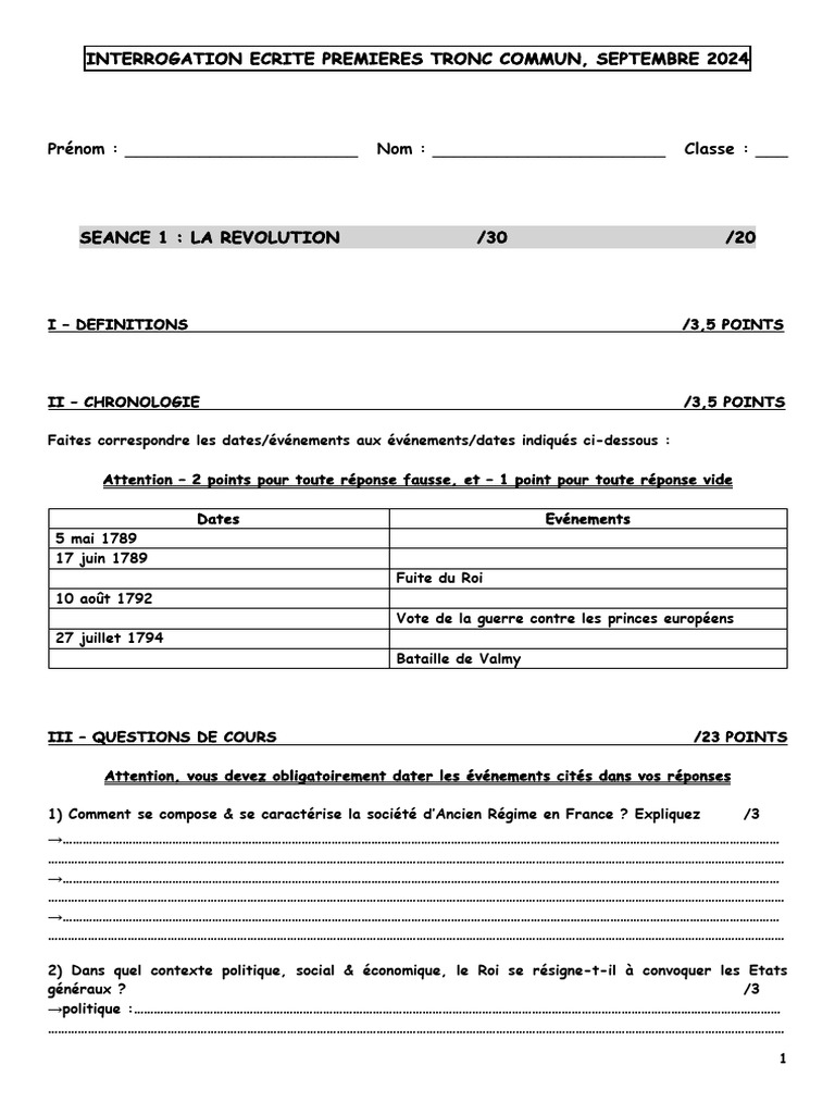 Interro La Révolution Septembre 2024 | PDF