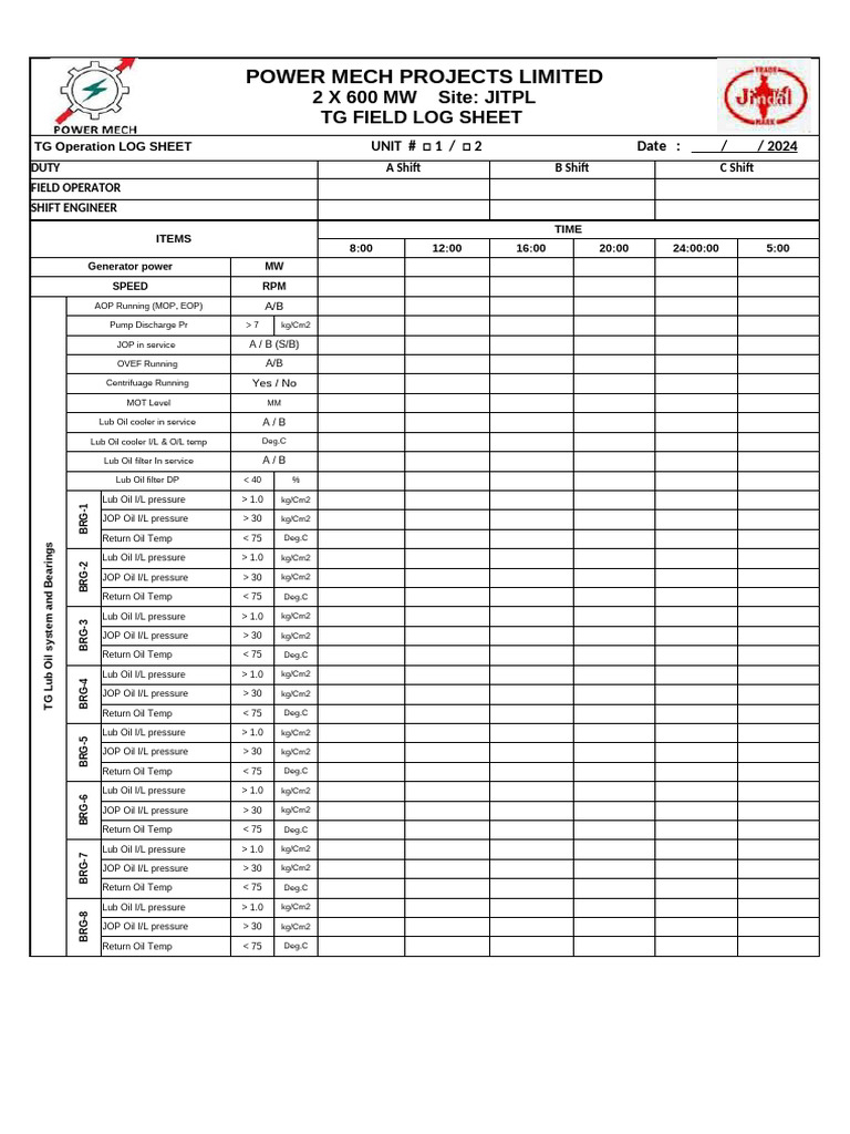 LOG SHEETS TG, TDBFP, MDBFP - recent | PDF | Pump | Rotating Machines