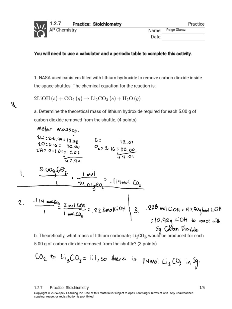 1.2.7 Practice - Stoichiometry (Practice) | PDF | Stoichiometry ...