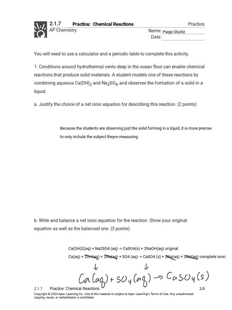 2.1.7 Practice - Chemical Reactions (Practice) | PDF | Redox | Chemistry