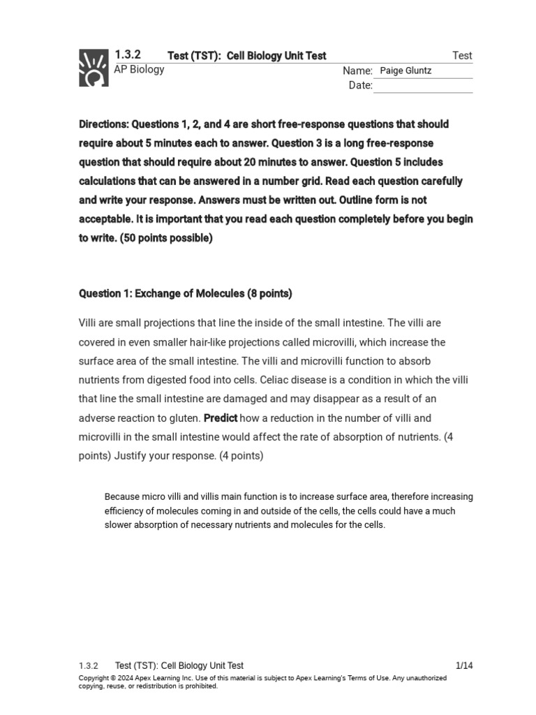 1.3.2 Test (TST) - Cell Biology Unit Test (Test) | PDF | Cell Membrane ...