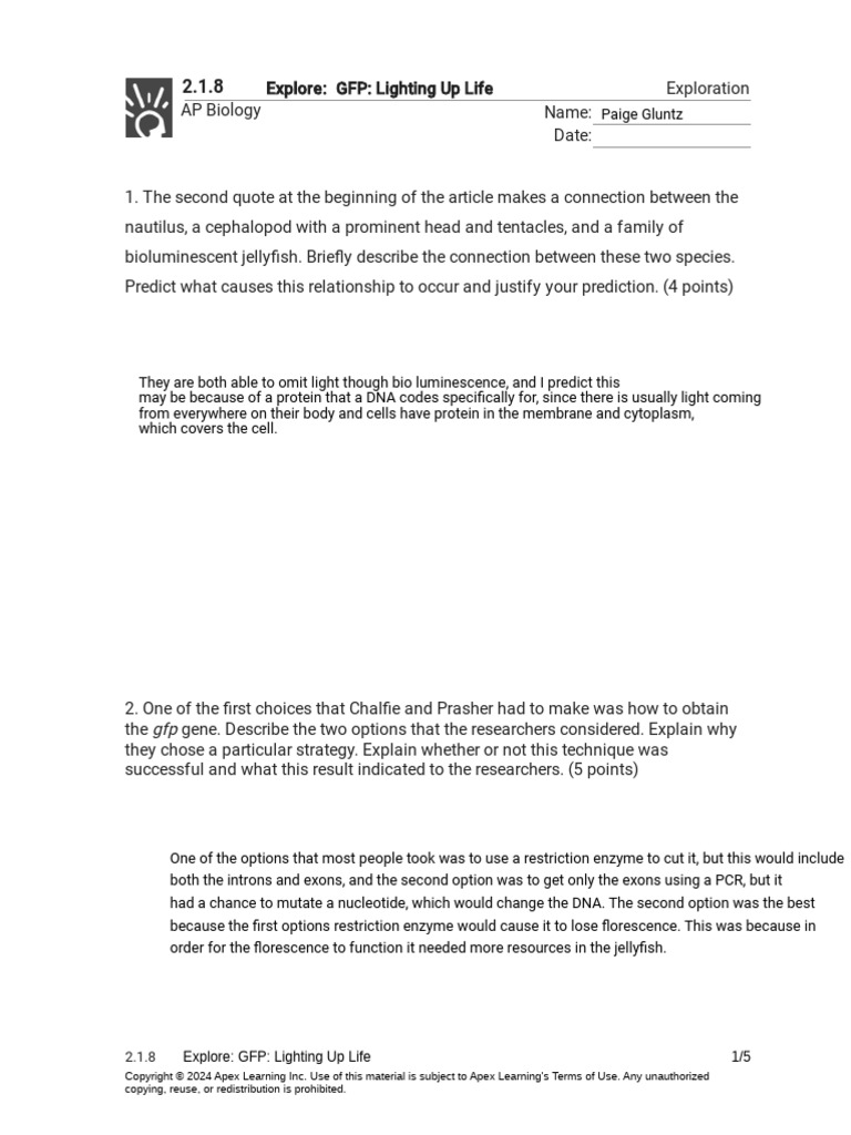 2.1.8 Explore - GFP - Lighting Up Life (Exploration) | PDF | Green ...