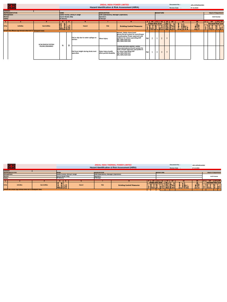 Hira Format-Operation | PDF | Labor Relations | Safety