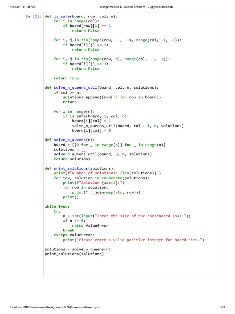 Assignment 5 N-Queen problem - Jupyter Notebook.word | PDF | Computer Programming