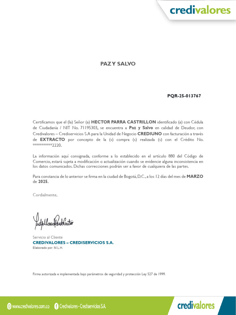 Paz y Salvo CrediUno | PDF