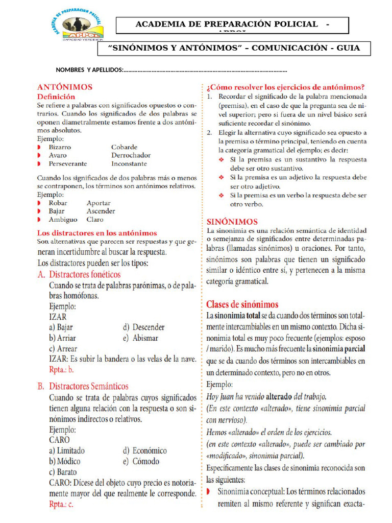 Sinonimo y Antonimo Guia N°8 | PDF
