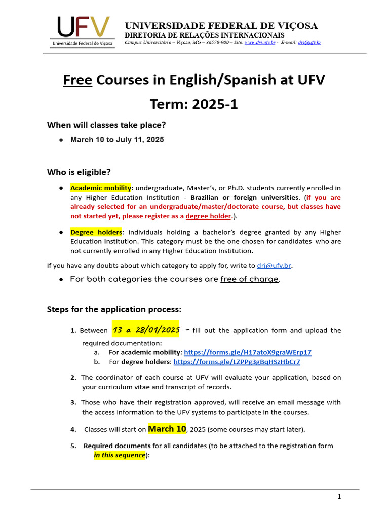 Call For Application Courses in English Ufv 2025-1-1 | PDF | Academic ...
