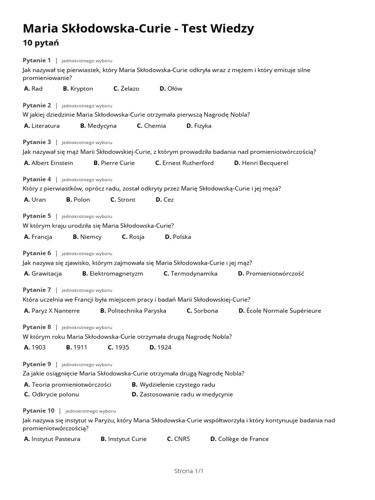 Maria Skłodowska-Curie - Test Wiedzy | PDF