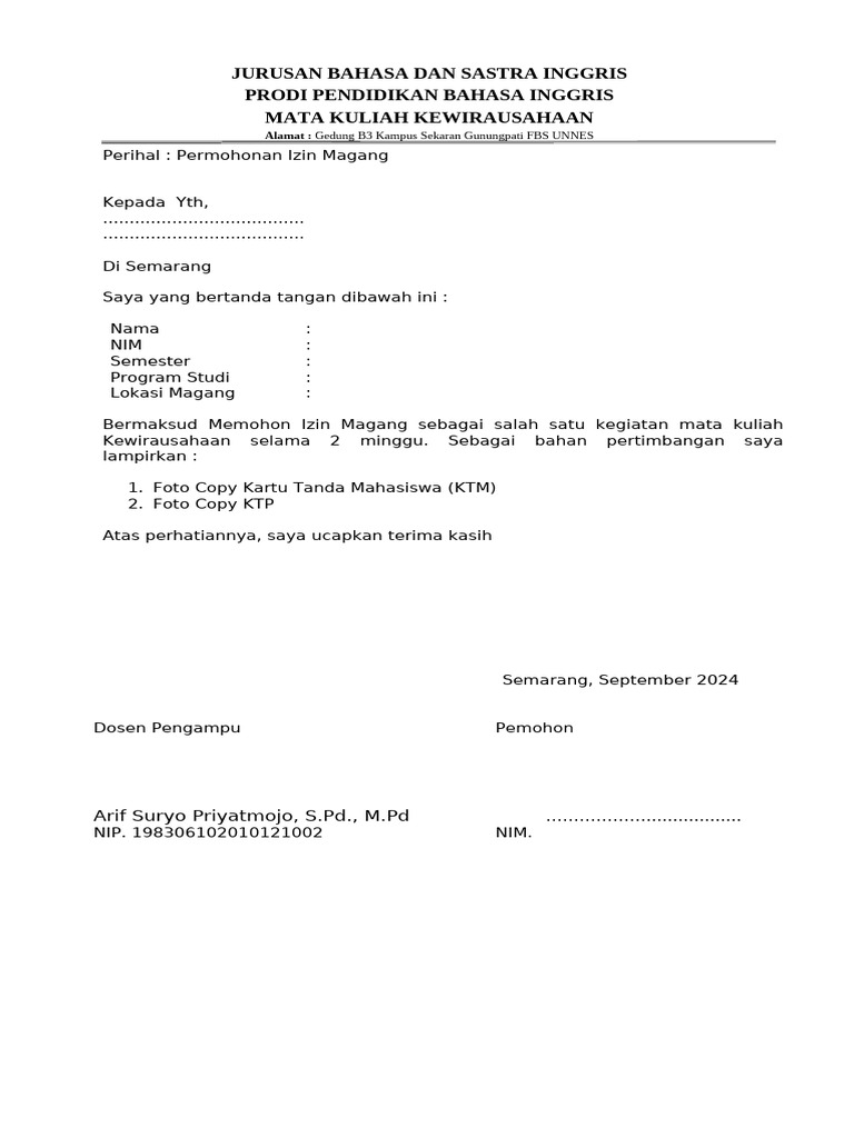 Form Surat Ijin Magang | PDF
