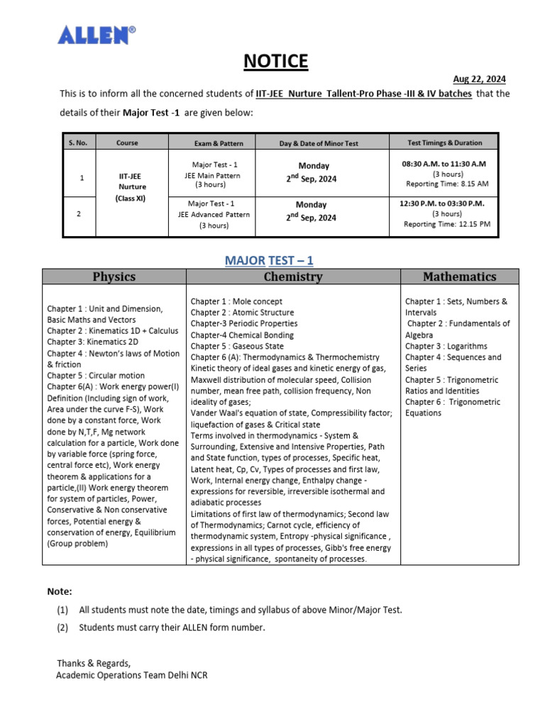 1 - JEE - Notice (M+A) - Nurture (TP) - Phase-III & IV - Major Test-1 ...