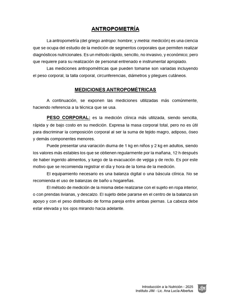Antropometr-A - Mediciones - Introducci-n a La Nutrici-n 2024 | PDF | Medición | Antropometría