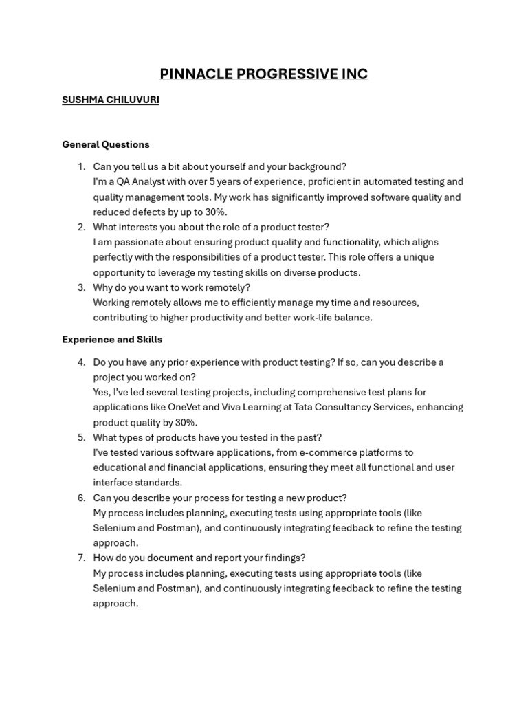 Pinnacle Screening Answers - Sushma Chiluvuri | PDF | Reliability Engineering | Software Engineering