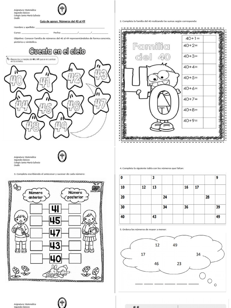 Guía de Números del 40 al 49 para 2° Básico | PDF
