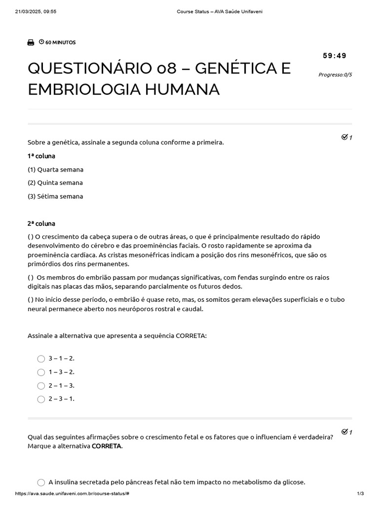 Course Status - AVA Saúde Unifaveni QUESTIONÁRIO 08 - GENÉTICA E | PDF | Feto | Gravidez