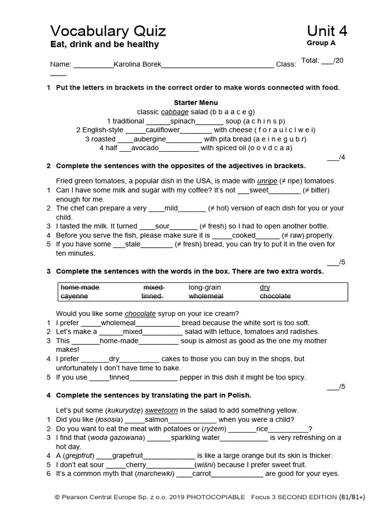 Vocabulary Quiz: Eat, Drink, Healthy | PDF | Foods | European Cuisine