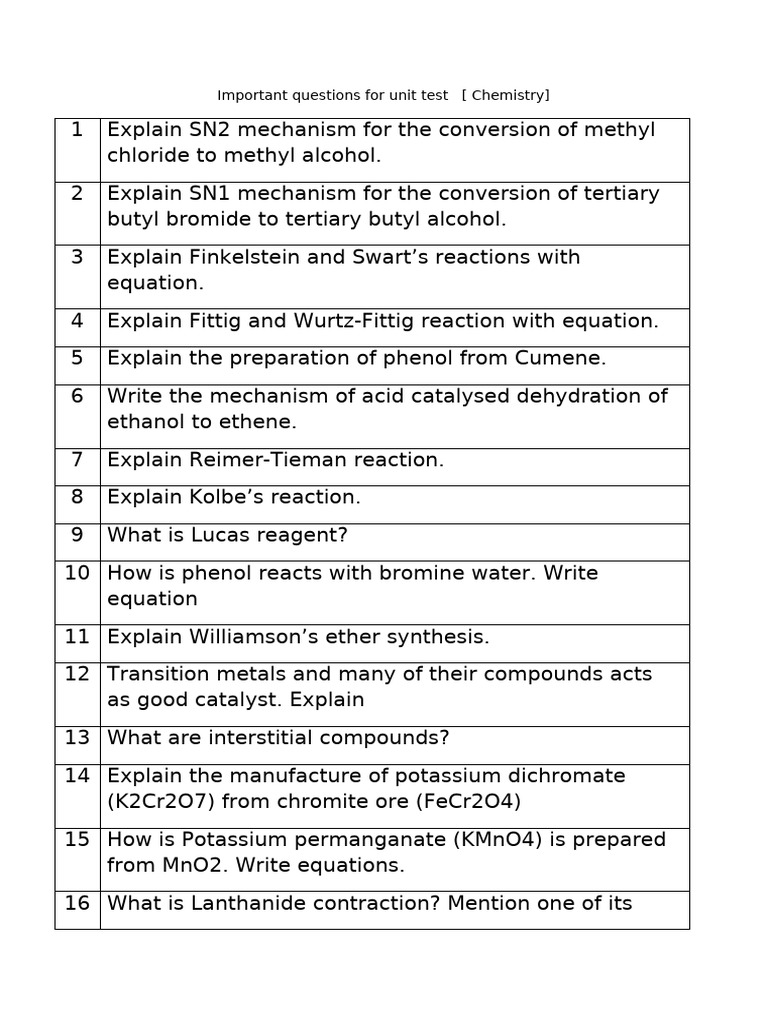 Key Chemistry Unit Test Questions | PDF