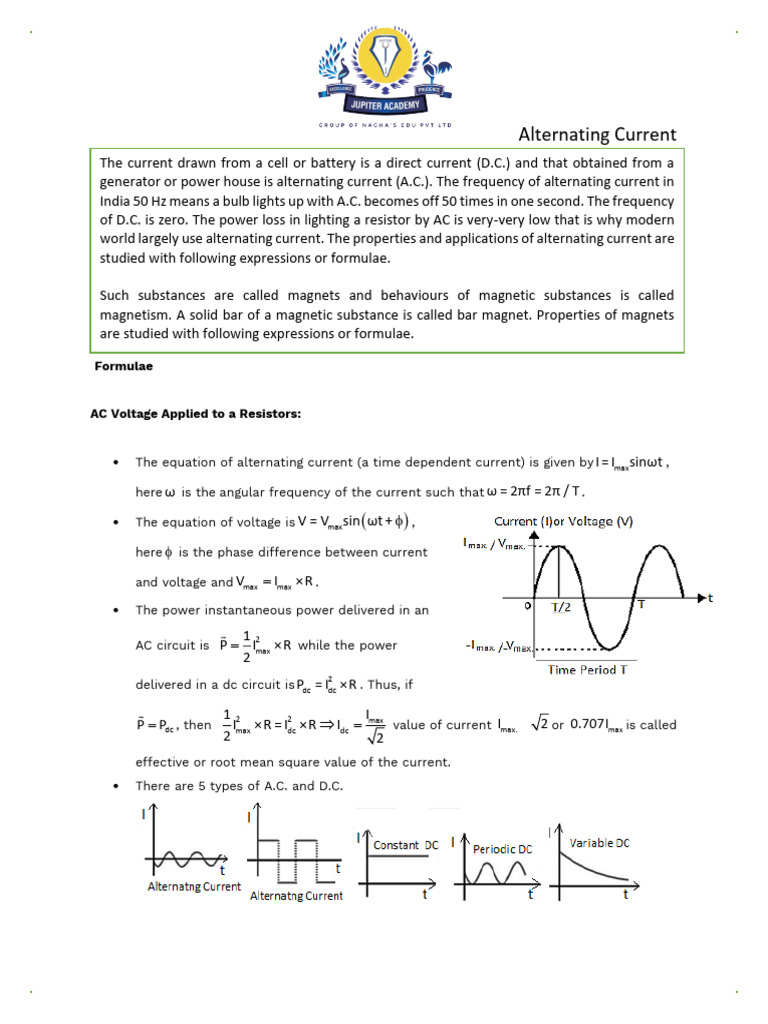 Formula Sheet Alternating Current | PDF | Alternating Current | Direct Current