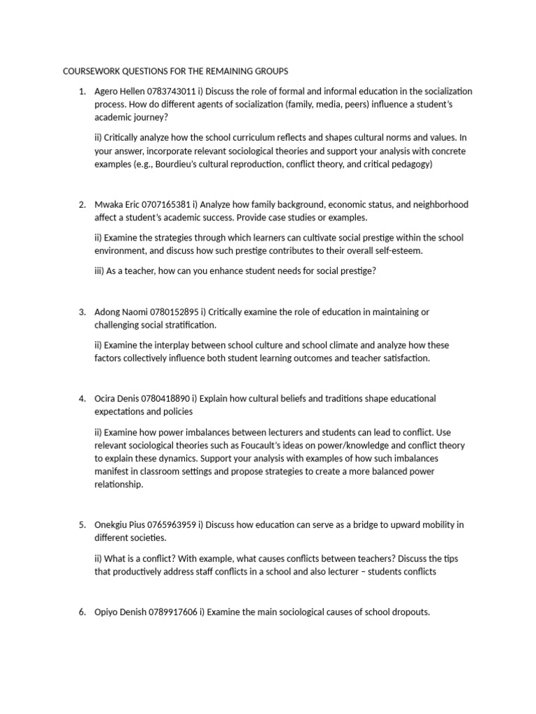 Coursework Questions For The Remaining Groups-1 | PDF | Sociology ...
