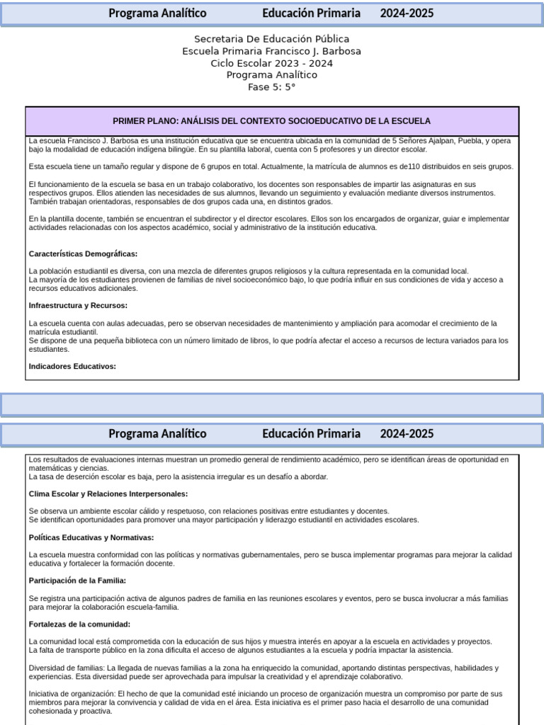 Programa Analítico 5to Grado | PDF | Comprensión lectora | Educación primaria