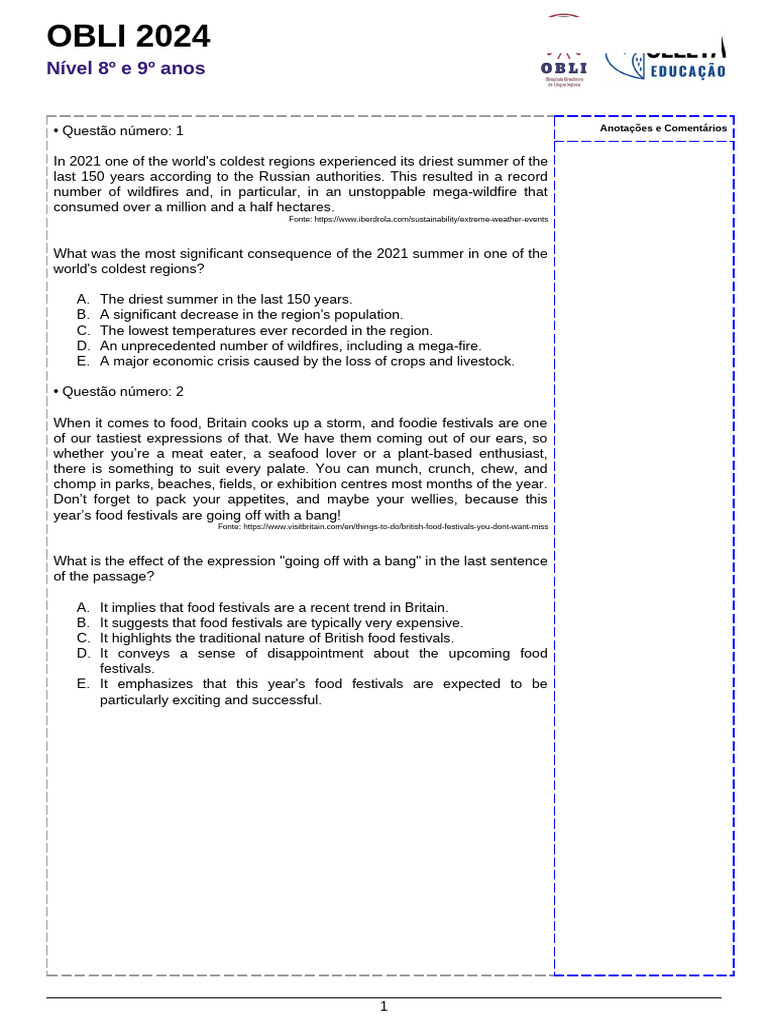 Prova OBLI Nível 8º e 9º Anos 2024.1 | PDF | Grammatical Tense | The Raven