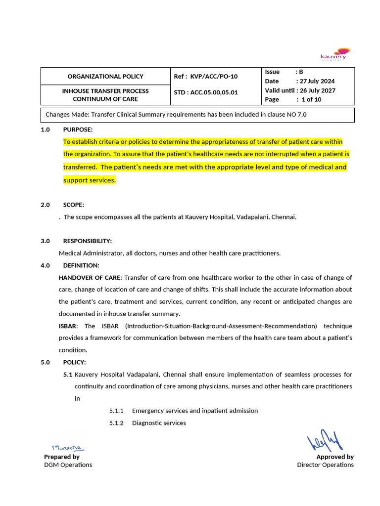 Inhouse Transfer Process Continuum of Care | PDF | Patient | Health Care