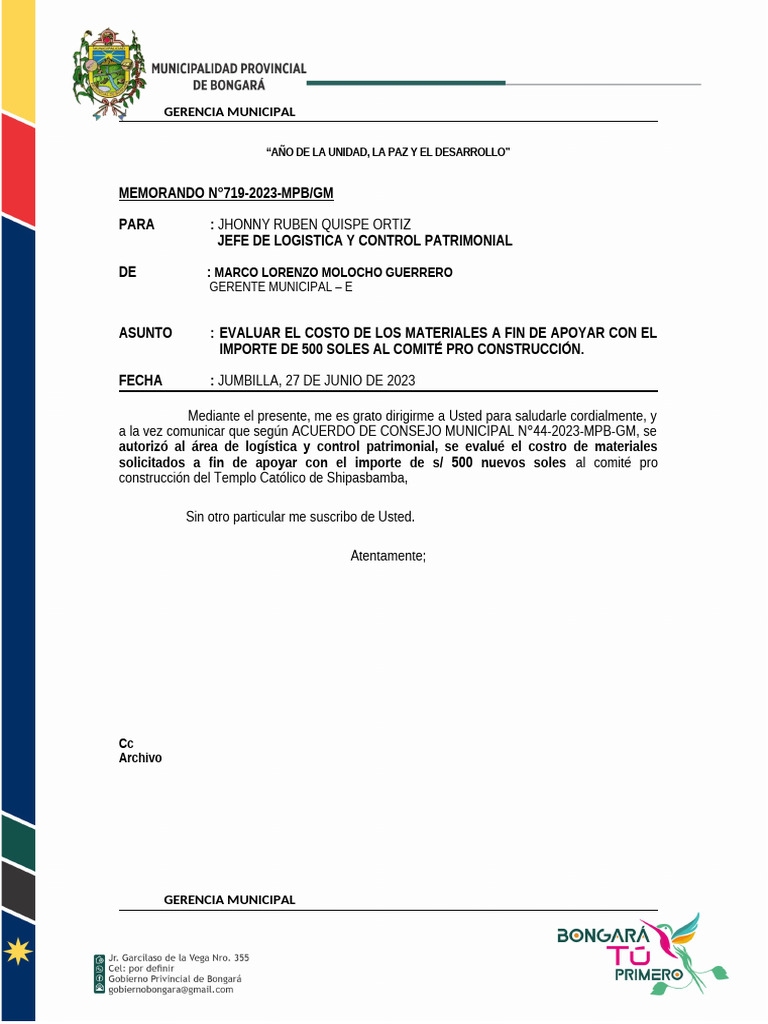 MEMORANDO N°719-2023-MPB-GM LOGISTICA | PDF