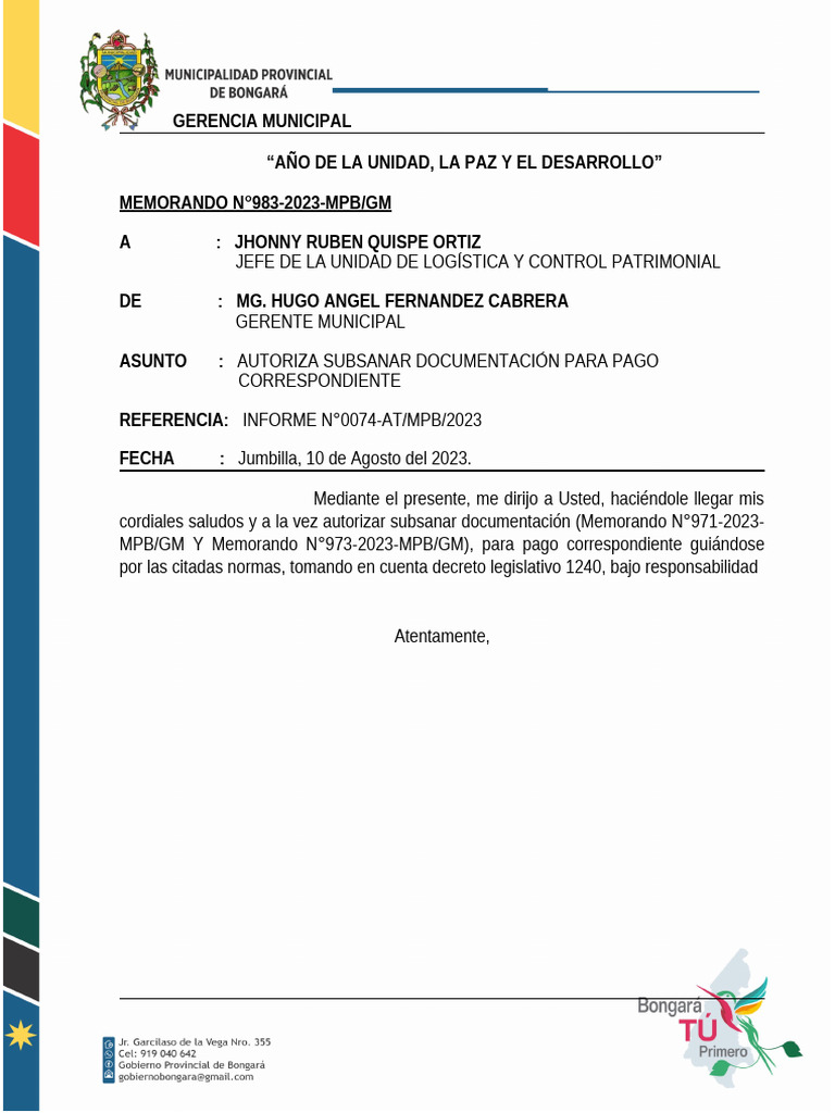 MEMORANDO N°983-2023-MPB-GM | PDF