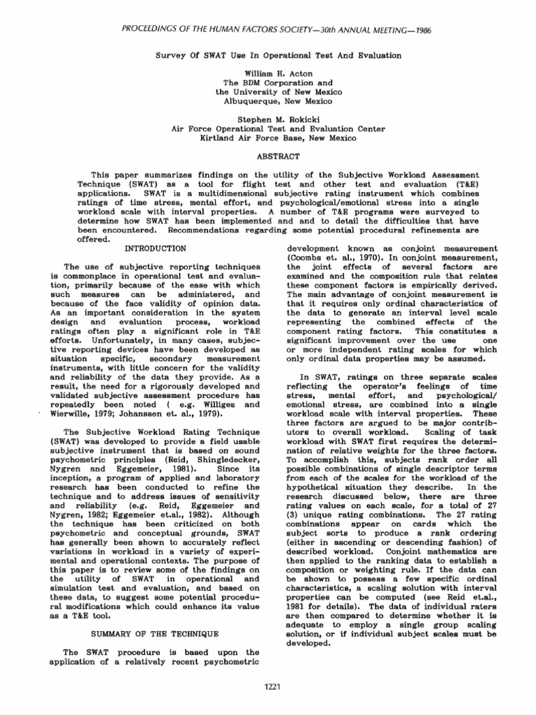 SWAT Utility in Test Evaluation 1986 | PDF | Workload | Psychometrics