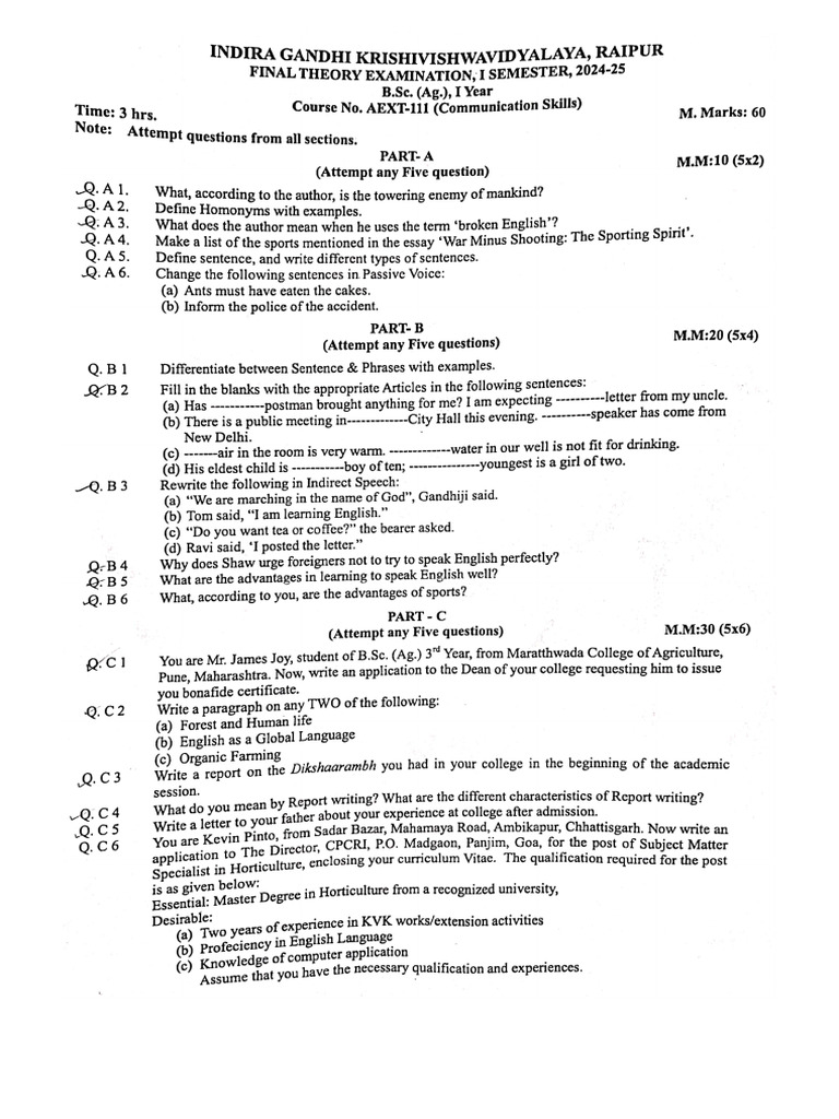 Communication Skills Question Paper 2024-25 | PDF