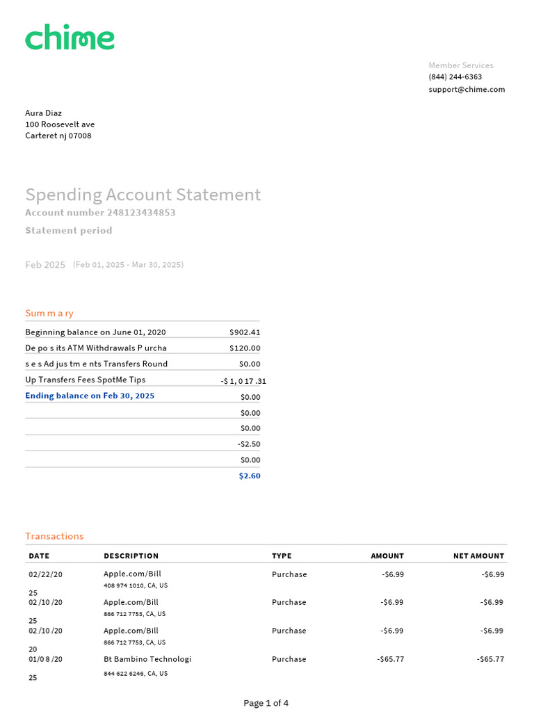 Chime Account Statement Summary | PDF | Service Industries | Business