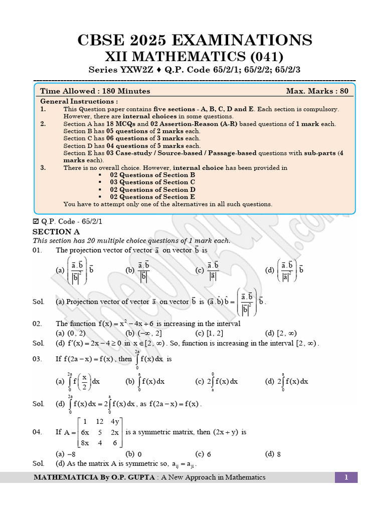 2025 CBSE XII Maths (Q.P. Code 65-2-1 65-2-2 65-2-3 Series YXW2Z) | PDF | Matrix (Mathematics ...