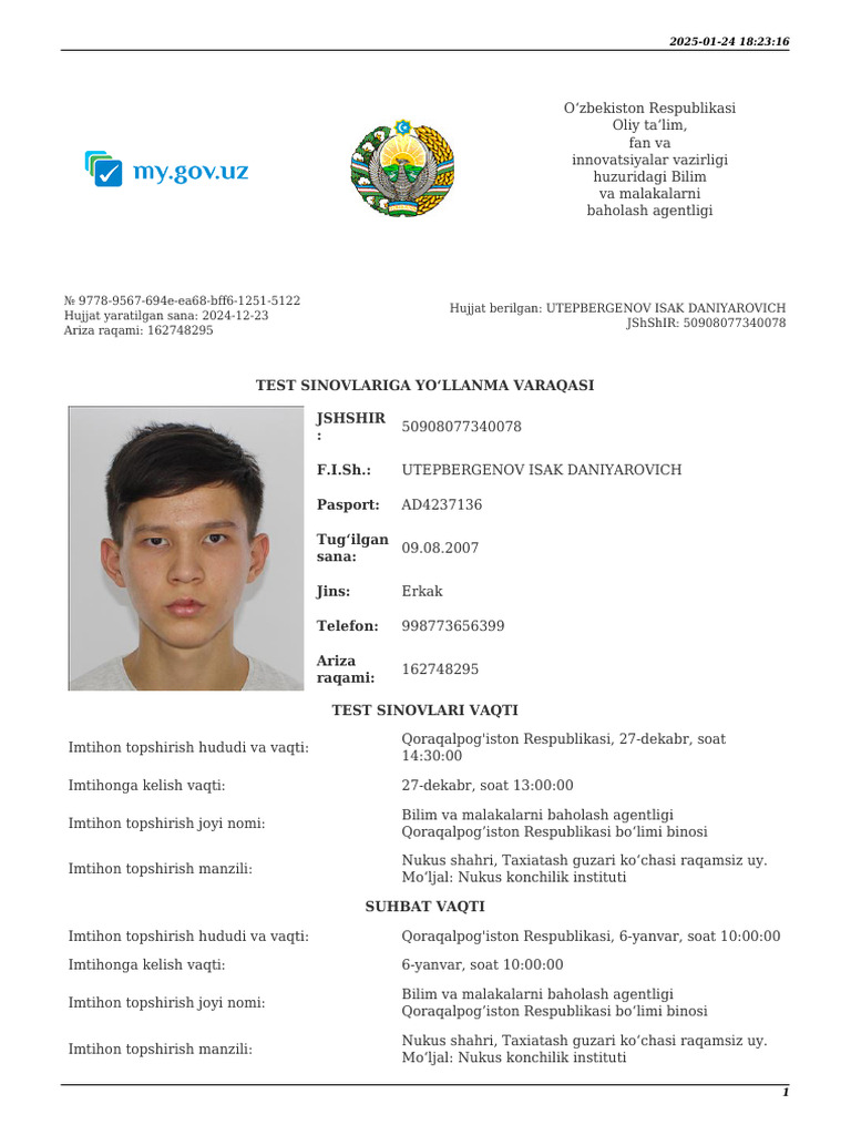 Test Sinovlariga Yo Llanma Varaqasi Jshshir: F.I.Sh.: Pasport: Tug ...