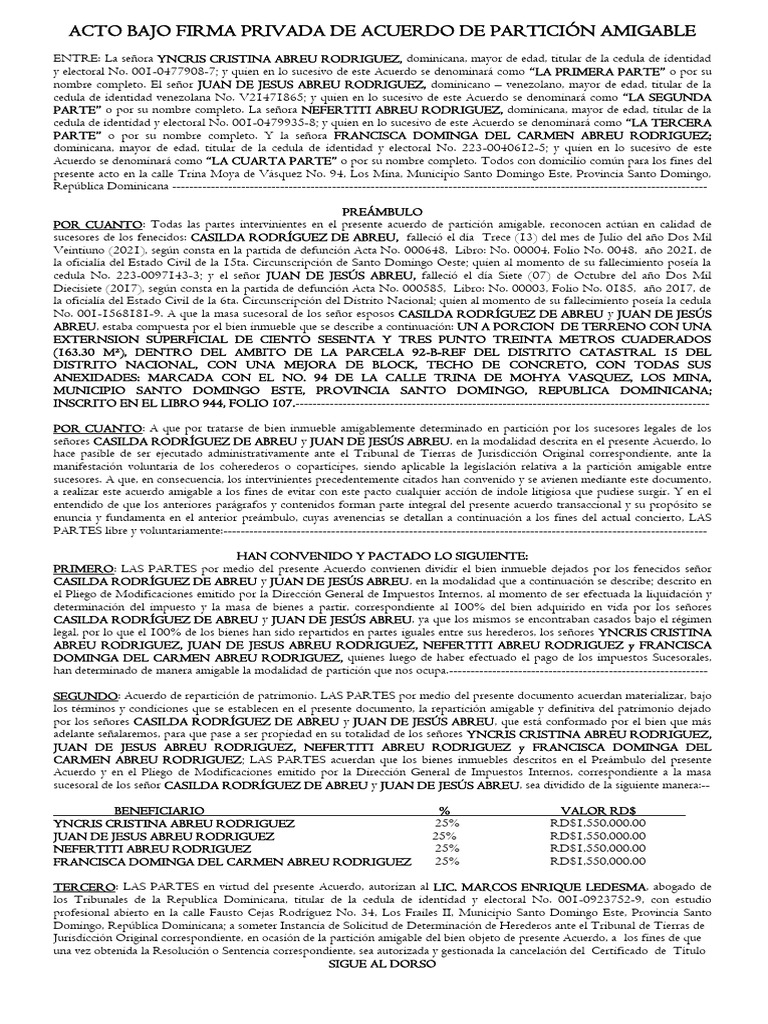 Acuerdo de Partición Amigable | PDF | República Dominicana | Justicia